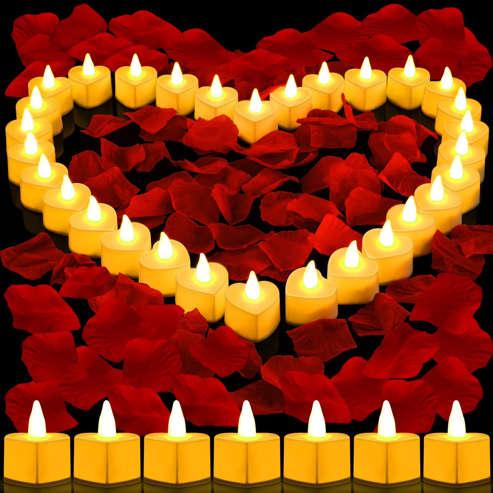 Rose Pedals and Candles Kit 3000 Packs Artificial Rose Petals for Romantic Night 72 Pcs Fake Heart Candles Heart Shape LED Light Wedding Night Decorations Flameless Candled for Valentine's Day Party