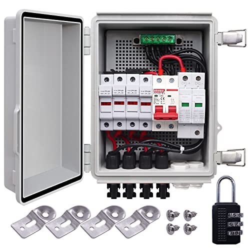 weideer 4 String PV Combiner Box with Circuit Breaker LED 15A Current Fuse Lightning Arreste Solar Combiner Box Waterproof with 3 Digit Combination Lock Mounting Plate for Solar Panel System