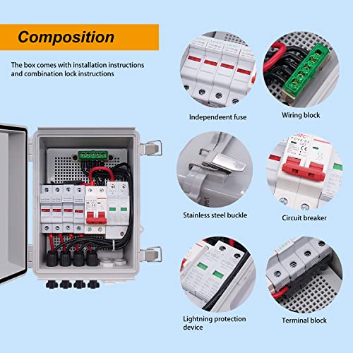 weideer 4 String PV Combiner Box with Circuit Breaker LED 15A Current Fuse Lightning Arreste Solar Combiner Box Waterproof with 3 Digit Combination Lock Mounting Plate for Solar Panel System