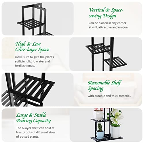 Gar-Life Bamboo Plant Stand for Indoor&Outdoor Plants 6 Tier 7 Potted Multiple Flower Pots Holder Shelf Rack Display stand for Patio Garden, Living Room, Corner Balcony and Bedroom (Black)