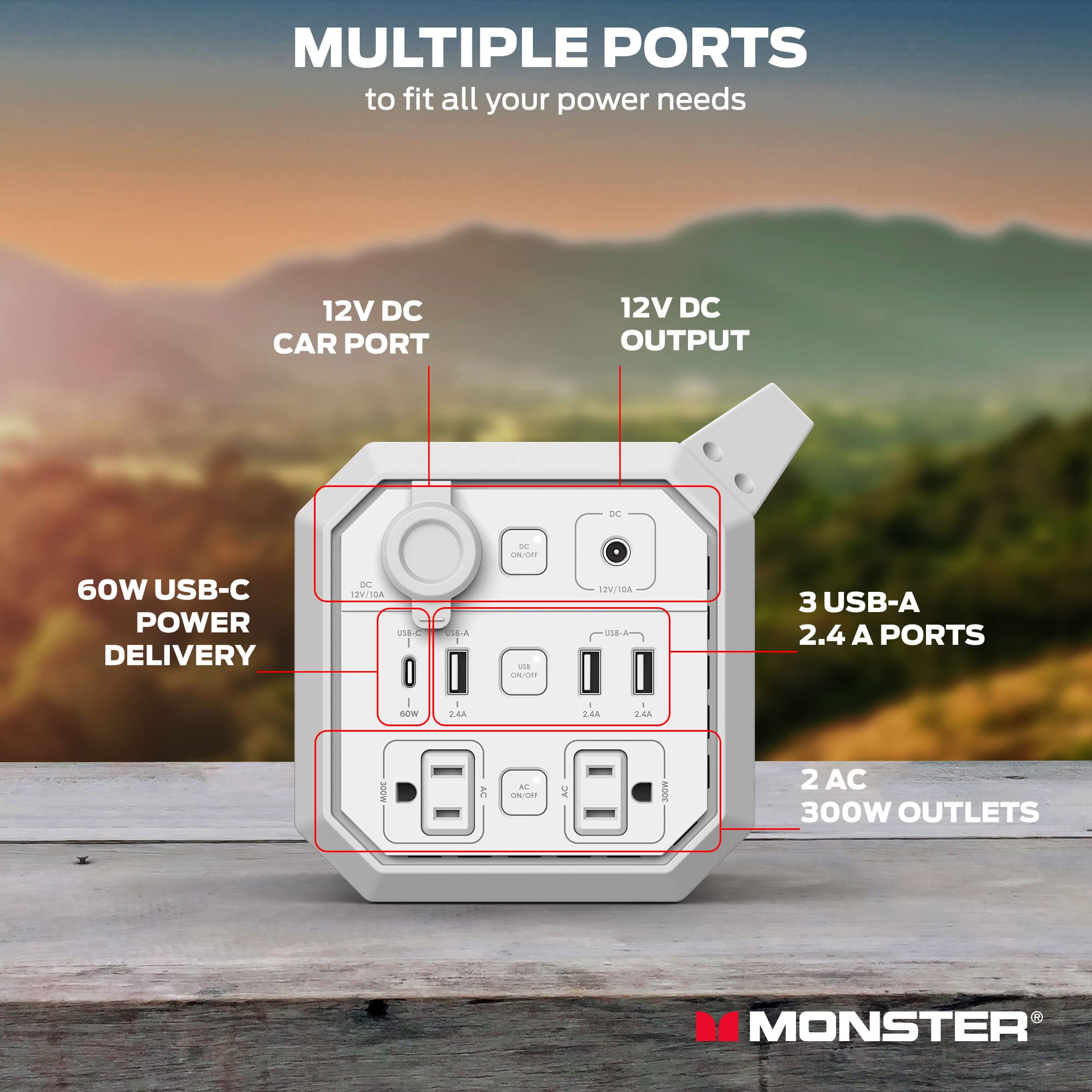 Monster Power Grid Portable Power Station 296Wh, 10W Wireless Charging Pad, LED Flashlight, Charge up to 9 Devices, for Outdoors Camping Travel Hunting Emergency, White (22)