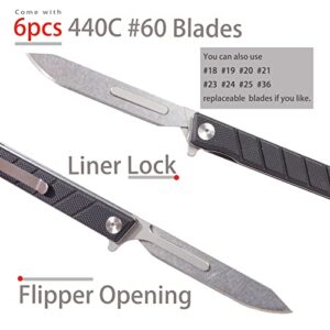 TENCHILON T35 Small Slim Folding Pocket Scalpel Knife, 6pcs Tumbled 440C #60 Replaceable Blades, Gentleman's Flipper Scalpel EDC Utility Knives with Pocket Clip (Black G10 Handle)