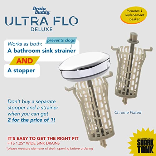 Drain Buddy Ultra Flo- 2 in 1 Bathroom Sink Stopper & Hair Catcher W/Patented Pull Clean Technology! | Fits 1.25” Sink Drains, Clog Preventing | Chrome Plastic Cap