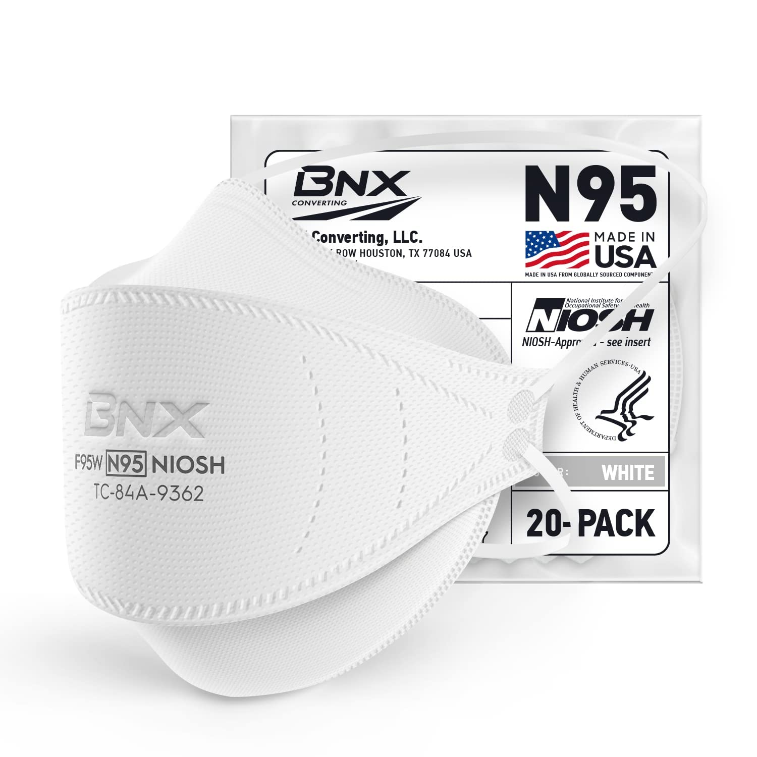 BNX N95 Mask NIOSH Certified MADE IN USA Particulate Respirator Protective Face Mask, Tri-Fold Cup/Fish Style, (20-Pack, Approval Number TC-84A-9362 / Model F95B) Black