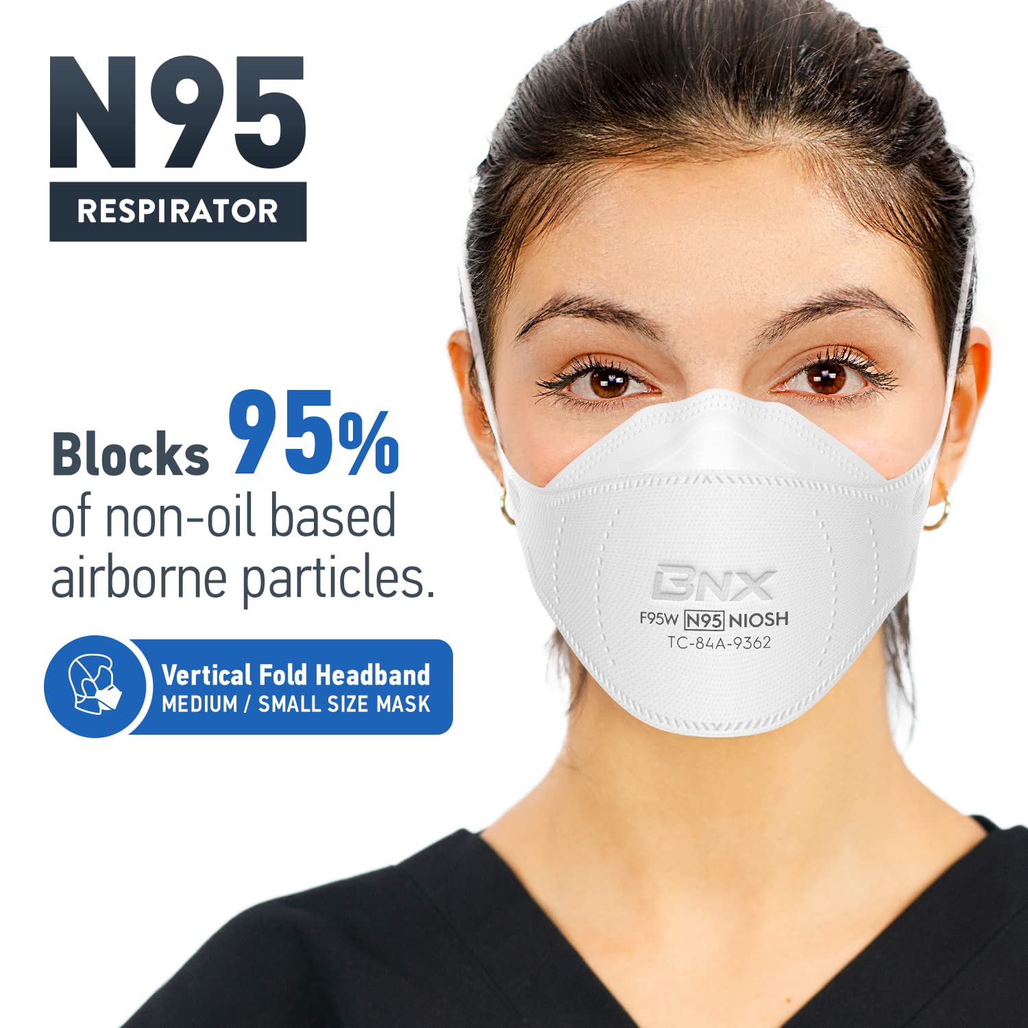 BNX N95 Mask NIOSH Certified MADE IN USA Particulate Respirator Protective Face Mask, Tri-Fold Cup/Fish Style, (20-Pack, Approval Number TC-84A-9362 / Model F95B) Black