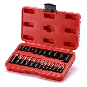 ementol 25pcs torx bit socket set-torx and external socket set, 1/4", 3/8" and 1/2" drive, cr-v & s2, 13 star socket bits and 12 female e-torx sockets