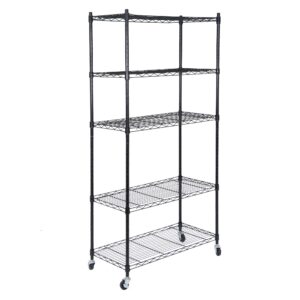 jupiterforce 5-shelf adjustable, heavy duty storage shelving unit with 4 wheel casters, metal organizer wire rack for kitchen, office, garage, black (30l x 14w x 62h)