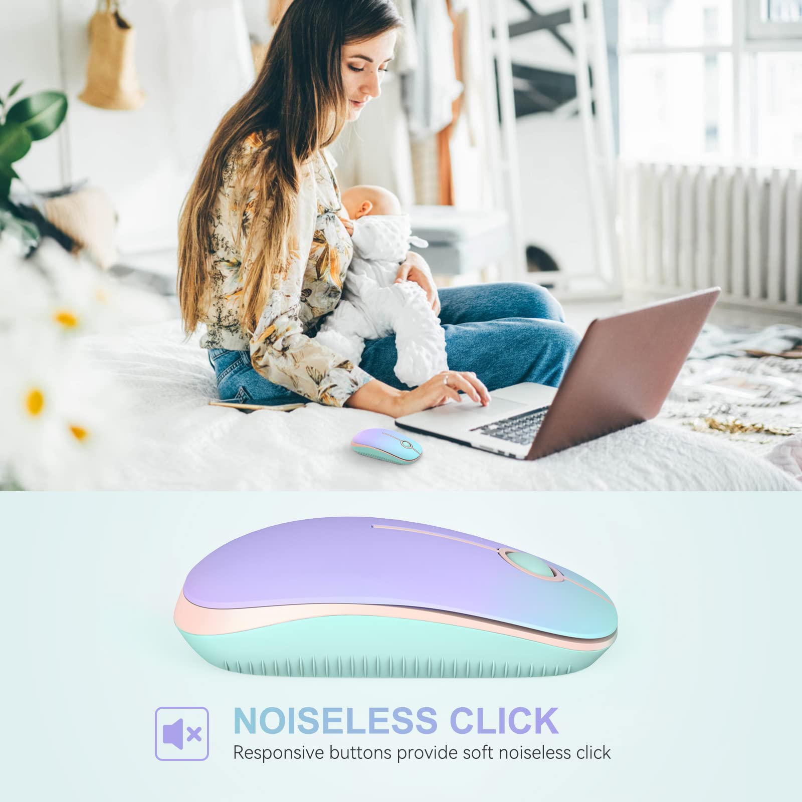 Unipows Wireless Mouse - 2.4G Slim Portable Computer Mouse with Nano Receiver, Less Noise Mobile Optical Mice for Notebook, PC, Laptop, Computer, Mac (Gradient Mint Green to Purple)