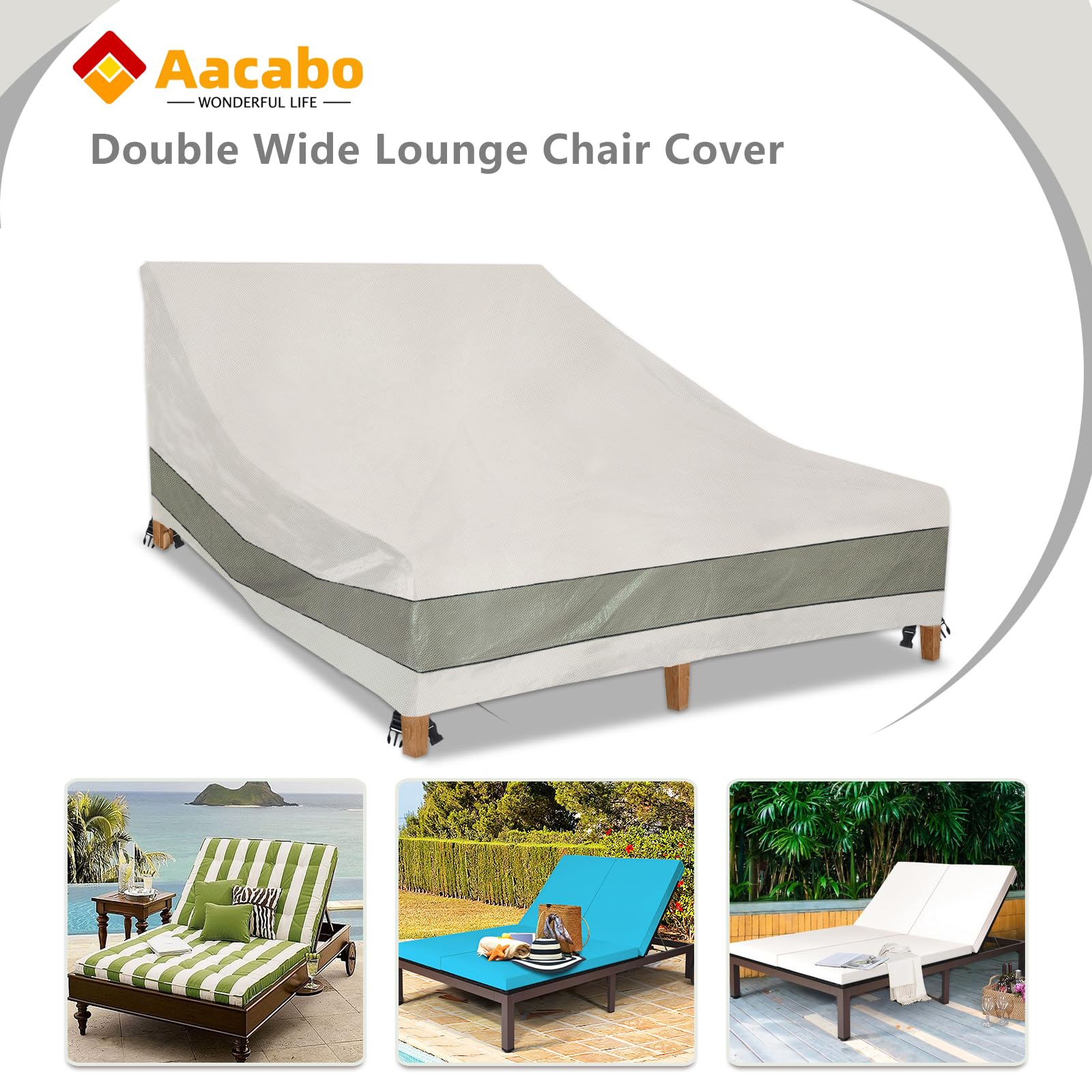 Aacabo Double Chaise Lounge Cover Waterproof Heavy Duty 82Inch Double Wide Patio Chaise Lounge Chair Cover-Beige