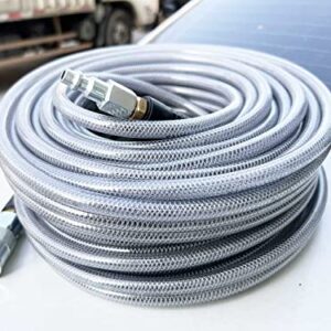 SANFU Polyurethane(PU) Air Hose 1/4-Inch x 100ft Reinforced, lightweight Anti-low temperature 300PSI with 1/4” Swivel Industrial Quick Coupler and Plug, Bend Restrictor, Silver Gray(100’)