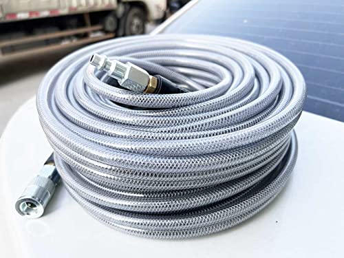 SANFU Polyurethane(PU) Air Hose 1/4-Inch x 100ft Reinforced, lightweight Anti-low temperature 300PSI with 1/4” Swivel Industrial Quick Coupler and Plug, Bend Restrictor, Silver Gray(100’)