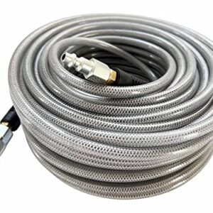 SANFU Polyurethane(PU) Air Hose 1/4-Inch x 100ft Reinforced, lightweight Anti-low temperature 300PSI with 1/4” Swivel Industrial Quick Coupler and Plug, Bend Restrictor, Silver Gray(100’)