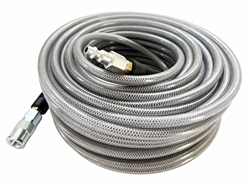 SANFU Polyurethane(PU) Air Hose 1/4-Inch x 100ft Reinforced, lightweight Anti-low temperature 300PSI with 1/4” Swivel Industrial Quick Coupler and Plug, Bend Restrictor, Silver Gray(100’)