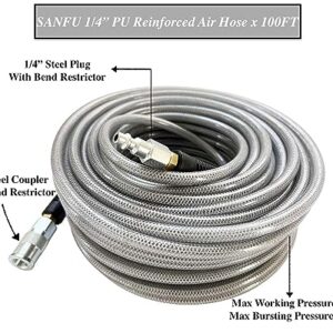 SANFU Polyurethane(PU) Air Hose 1/4-Inch x 100ft Reinforced, lightweight Anti-low temperature 300PSI with 1/4” Swivel Industrial Quick Coupler and Plug, Bend Restrictor, Silver Gray(100’)