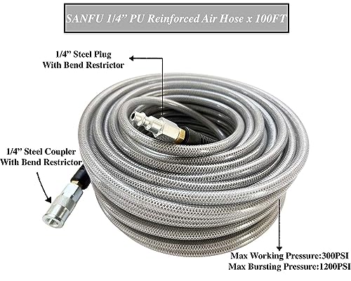 SANFU Polyurethane(PU) Air Hose 1/4-Inch x 100ft Reinforced, lightweight Anti-low temperature 300PSI with 1/4” Swivel Industrial Quick Coupler and Plug, Bend Restrictor, Silver Gray(100’)