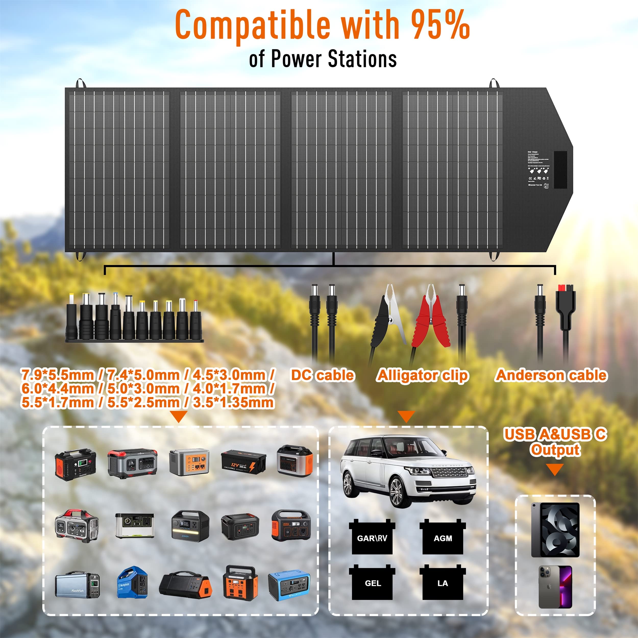 Rorood Portable Solar Panel, 100 Watt Solar Panel Charger with 11pcs 18V DC Adapters, QC3.0, USB-A, IPX3 Waterproof Foldable Solar Panel for 5-18V Devices, Car Battery, Power Station, Camping