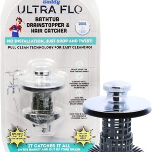 Drain Buddy Ultra Flo No Installation 2 in 1 Clog Preventing Tub Drain Stopper and Hair Catcher for 1 3/8" to 1.5" Bathroom Tubs and Utility Sinks(Chrome)