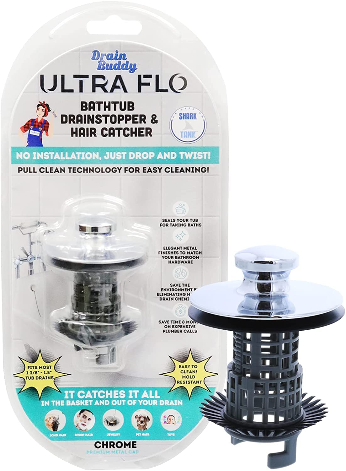 Drain Buddy Ultra Flo No Installation 2 in 1 Clog Preventing Tub Drain Stopper and Hair Catcher for 1 3/8" to 1.5" Bathroom Tubs and Utility Sinks(Chrome)