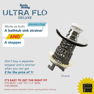 Drain Buddy Ultra Flo No Installation 2 in 1 Clog Preventing Tub Drain Stopper and Hair Catcher for 1 3/8" to 1.5" Bathroom Tubs and Utility Sinks(Chrome)