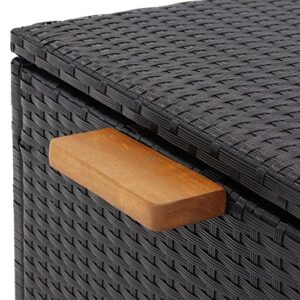 Sunnydaze 75-Gallon Faux Wicker Outdoor Deck Storage Box with Acacia Wood Handles - Hinged Lid - Black