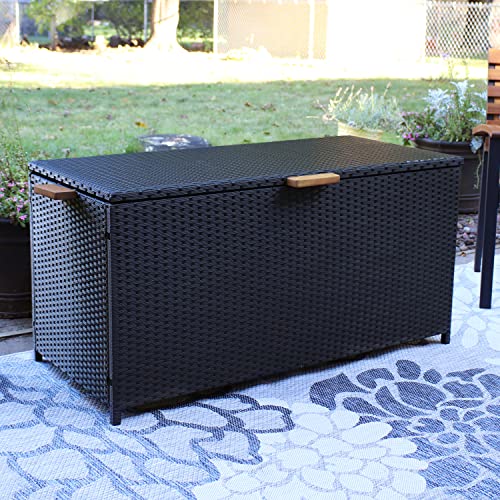 Sunnydaze 75-Gallon Faux Wicker Outdoor Deck Storage Box with Acacia Wood Handles - Hinged Lid - Black