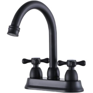 ufaucet 4 inch centerset matte black bathroom faucet, 2 cross handle 3 hole rv camper bathroom sink faucet, 360° swivel spout stainless steel lavatory basin bath vanity without accessories only faucet