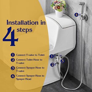 4 Mode Handheld Bidet Sprayer for Toilet Kit (Chrome) - Toilet Bidet Handheld Sprayer,Handheld Bidet for Personal Hygiene,Stainless Steel Bidet Hose,Brass T-Valve,Baby Cloth Diaper Sprayer