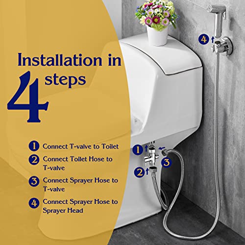 4 Mode Handheld Bidet Sprayer for Toilet Kit (Chrome) - Toilet Bidet Handheld Sprayer,Handheld Bidet for Personal Hygiene,Stainless Steel Bidet Hose,Brass T-Valve,Baby Cloth Diaper Sprayer