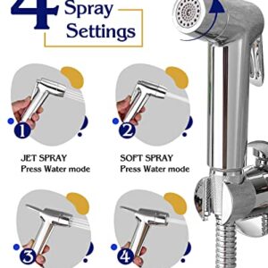 4 Mode Handheld Bidet Sprayer for Toilet Kit (Chrome) - Toilet Bidet Handheld Sprayer,Handheld Bidet for Personal Hygiene,Stainless Steel Bidet Hose,Brass T-Valve,Baby Cloth Diaper Sprayer