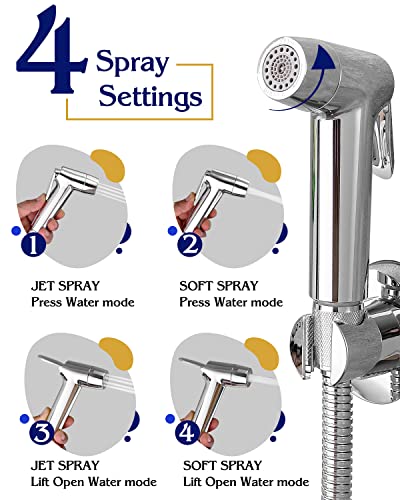 4 Mode Handheld Bidet Sprayer for Toilet Kit (Chrome) - Toilet Bidet Handheld Sprayer,Handheld Bidet for Personal Hygiene,Stainless Steel Bidet Hose,Brass T-Valve,Baby Cloth Diaper Sprayer