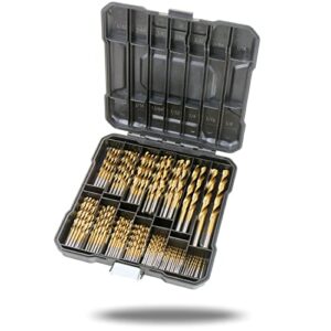 lamptop titanium twist drill bit set and metric metal hss drill bit set 135° tip for metal, plastic, copper, aluminum, wood of small drill bit set 1.5mm to 10mm, with sturdy case (100 piece)