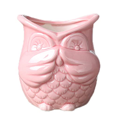 YONGYAN Owl Flower Pot Statue Decoration Ceramics Garden Planters Containers Pot Bookshelf Office Desktop Decor (Pink)