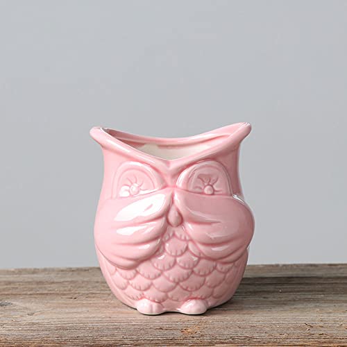 YONGYAN Owl Flower Pot Statue Decoration Ceramics Garden Planters Containers Pot Bookshelf Office Desktop Decor (Pink)