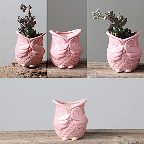 YONGYAN Owl Flower Pot Statue Decoration Ceramics Garden Planters Containers Pot Bookshelf Office Desktop Decor (Pink)