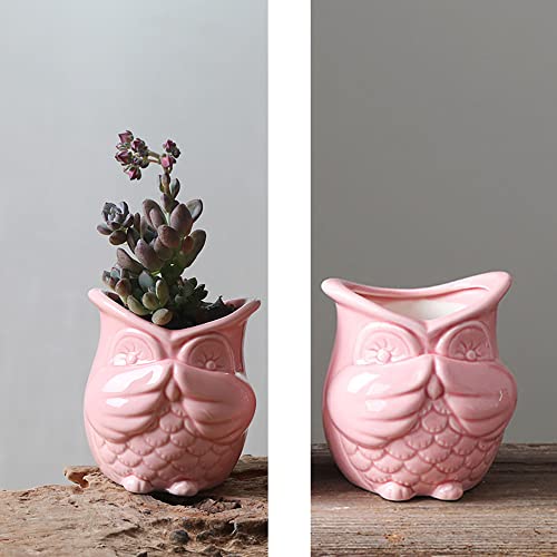 YONGYAN Owl Flower Pot Statue Decoration Ceramics Garden Planters Containers Pot Bookshelf Office Desktop Decor (Pink)