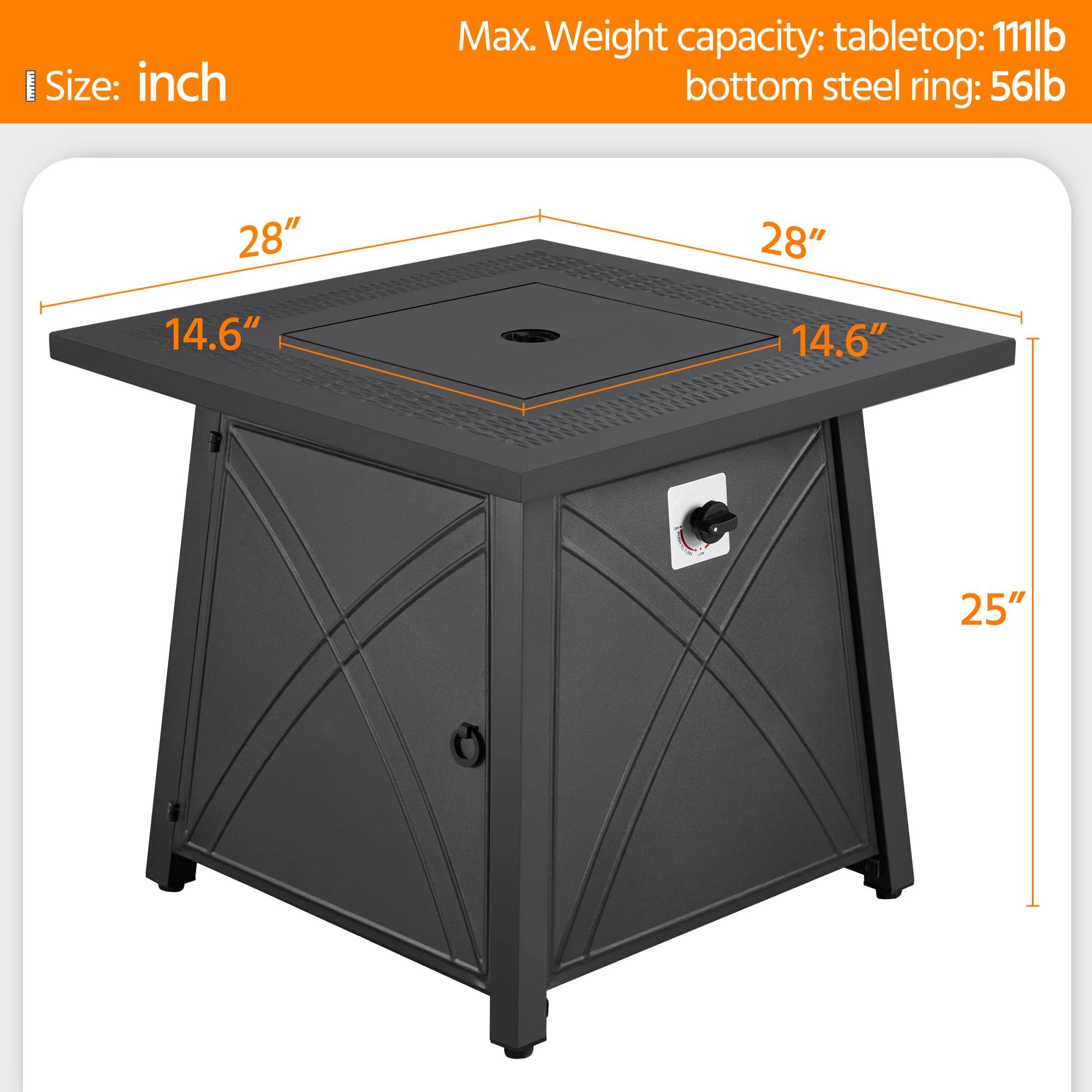 Yaheetech 28in Propane Fire Pit Gas Fire Pit Table with Lid and Iron Tabletop for Outdoor, Patio, Garden and Camping, 50,000 BTU with Lava Rocks, Heavy Duty 2 in 1 Square Firepit Table for Party