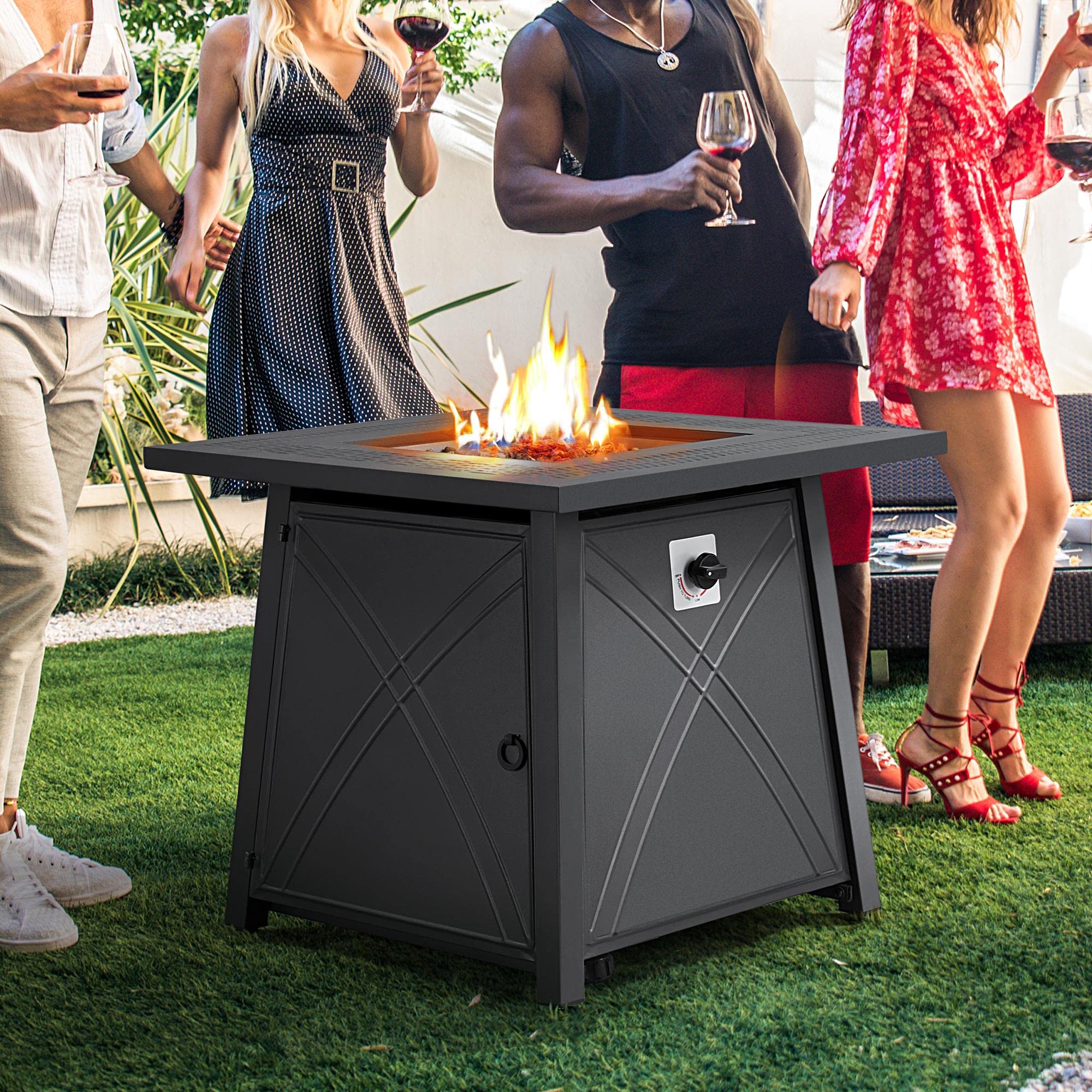 Yaheetech 28in Propane Fire Pit Gas Fire Pit Table with Lid and Iron Tabletop for Outdoor, Patio, Garden and Camping, 50,000 BTU with Lava Rocks, Heavy Duty 2 in 1 Square Firepit Table for Party