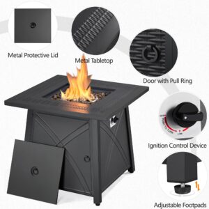 Yaheetech 28in Propane Fire Pit Gas Fire Pit Table with Lid and Iron Tabletop for Outdoor, Patio, Garden and Camping, 50,000 BTU with Lava Rocks, Heavy Duty 2 in 1 Square Firepit Table for Party