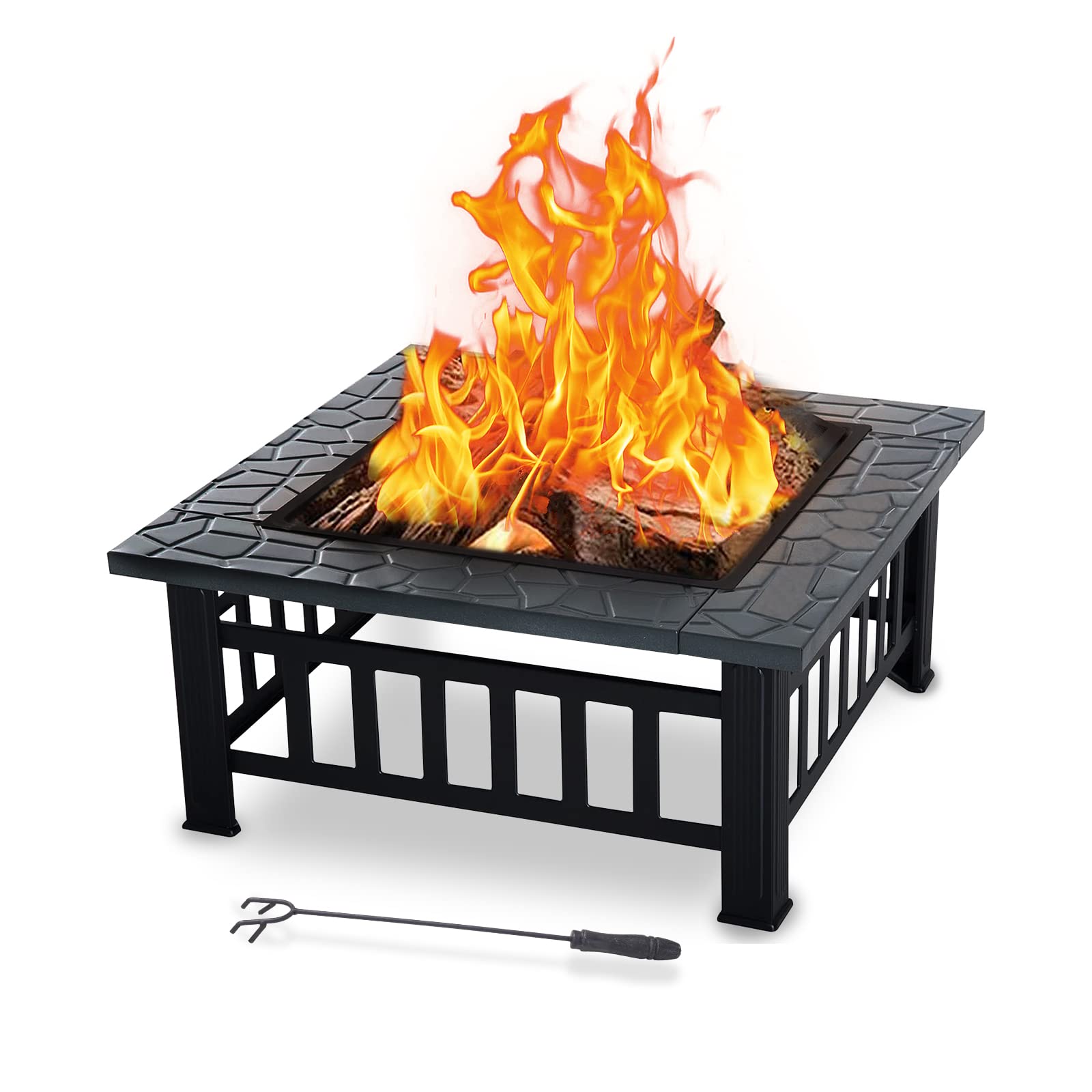 2022 Fire Pit,32inch Premium Outdoor Patio Fire Pits Table with Spark Screen Cover and Poker,Large Bonfire Wood Burning Firepit Fireplace for Outdoor Party,Backyard