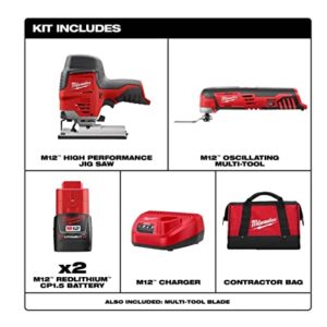 Milwaukee M12 12-Volt Lithium-Ion Cordless Jigsaw and Oscillating Multi-Tool Kit with Two 1.5Ah Batteries, Charger and Tool Bag