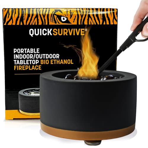 QuickSurvive Indoor/Outdoor Tabletop Fire Pit | Portable Tabletop Fire Pit Fueled by Rubbing Alcohol | Table Decor and Marshmallow Roasting | Easy to Transport | Black + Brown Stones