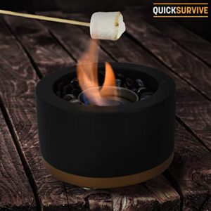 QuickSurvive Indoor/Outdoor Tabletop Fire Pit | Portable Tabletop Fire Pit Fueled by Rubbing Alcohol | Table Decor and Marshmallow Roasting | Easy to Transport | Black + Brown Stones