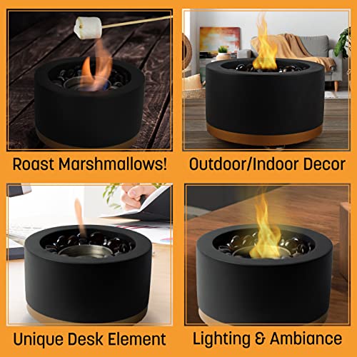 QuickSurvive Indoor/Outdoor Tabletop Fire Pit | Portable Tabletop Fire Pit Fueled by Rubbing Alcohol | Table Decor and Marshmallow Roasting | Easy to Transport | Black + Brown Stones