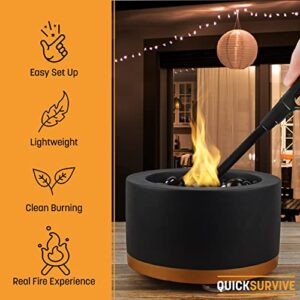 QuickSurvive Indoor/Outdoor Tabletop Fire Pit | Portable Tabletop Fire Pit Fueled by Rubbing Alcohol | Table Decor and Marshmallow Roasting | Easy to Transport | Black + Brown Stones