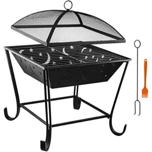 vevor bbq grill fire bowl, 24"x24" wood burning pit, solid steel wood fire pits, wood fire pits outdoor w/spark screen cover, fire pits for outside w/stainless steel baking net for baking & warming