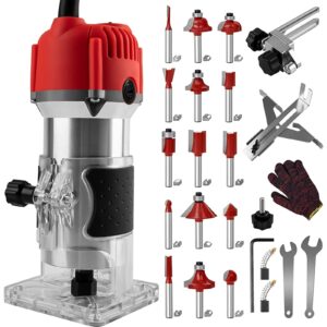 compact wood router tool 110v electric hand woodworking trimmer palm router kit with gloves 15 pcs router bits (800w)