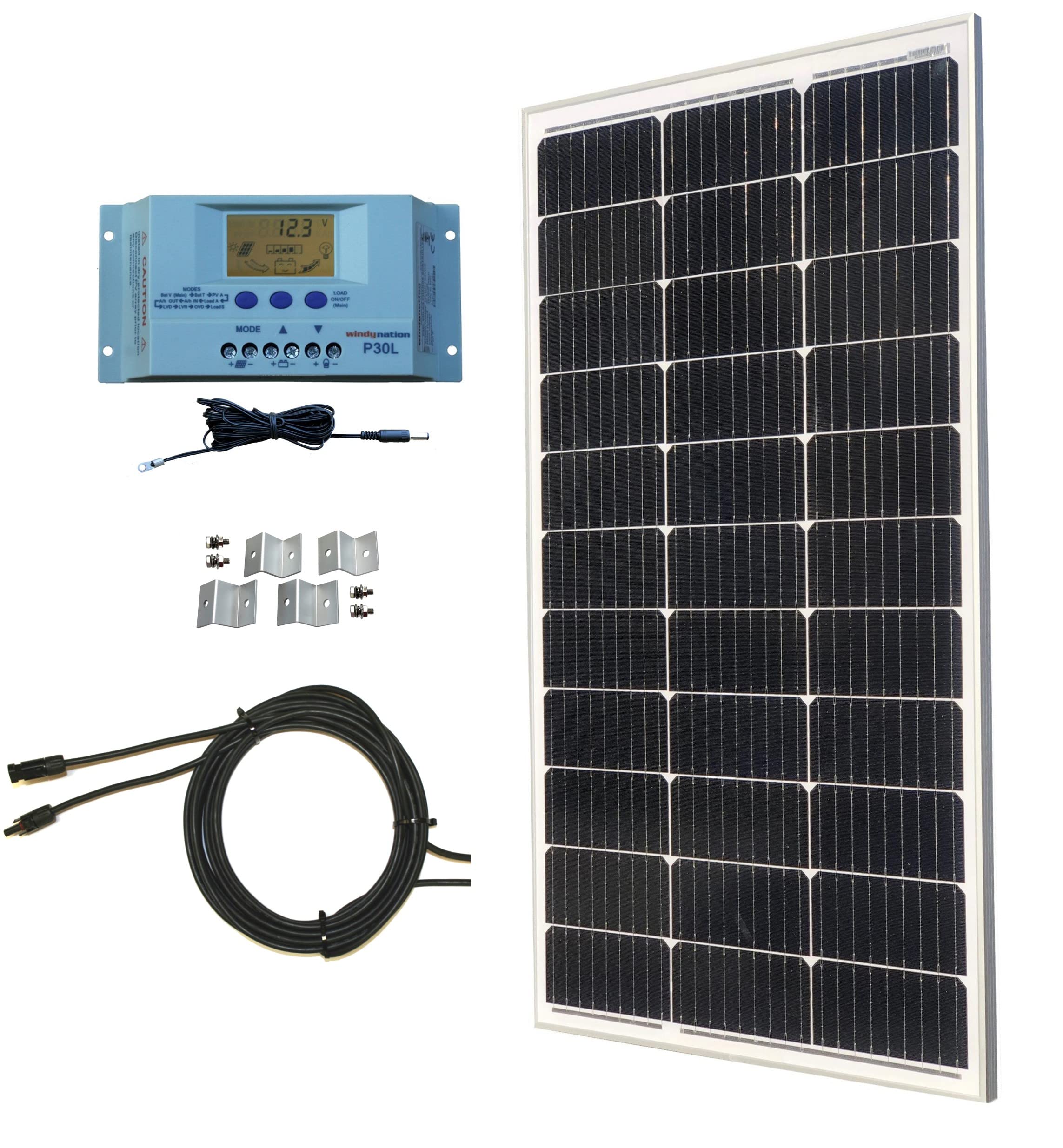 WindyNation 100 Watt Monocrystalline Solar Panel Off-Grid Kit with P30L LCD PWM Charge Controller + Solar Cable + Mounting Brackets for RV, Boat, Off-Grid