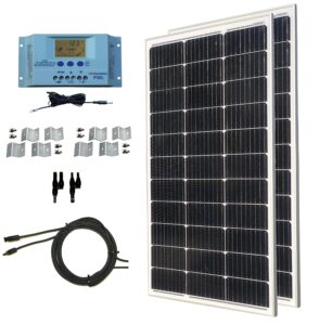 windynation 200 watt monocrystalline solar panel off-grid kit with lcd pwm charge controller + solar cable + connectors + mounting brackets