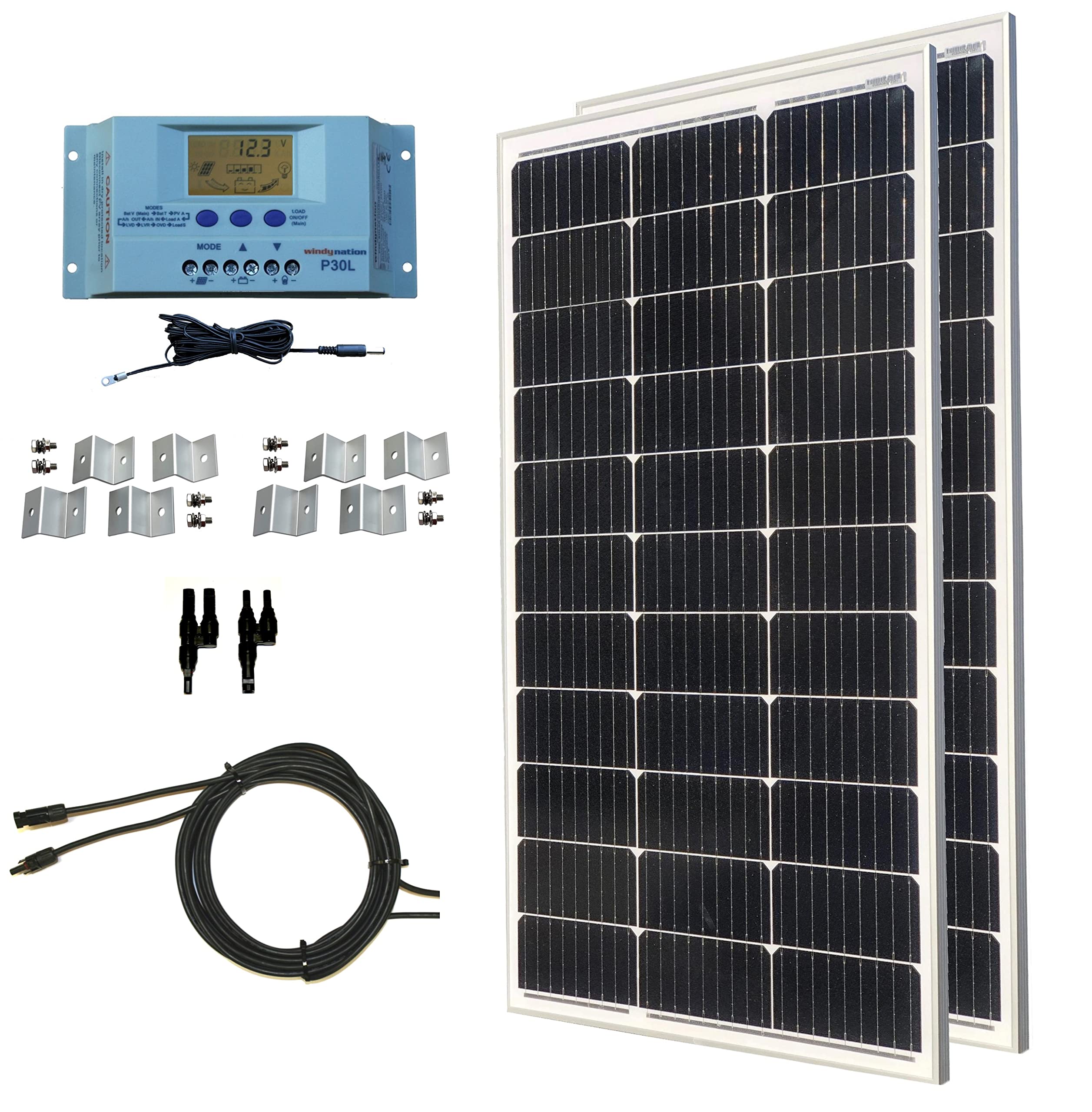 WindyNation 200 Watt Monocrystalline Solar Panel Off-Grid Kit with LCD PWM Charge Controller + Solar Cable + Connectors + Mounting Brackets