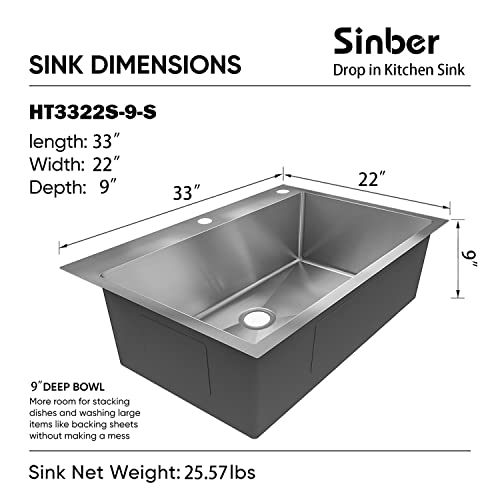 Sinber 33" x 22" x 9" Drop In Single Bowl Kitchen Sink with 18 Gauge 304 Stainless Steel Satin Finish HT3322S-S-9 (Sink Only)